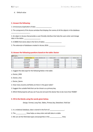 CBSE Grade 8 Computer Introduction to Access 2016 Worksheet | PDF