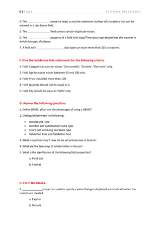 CBSE Grade 8 Computer Introduction to Access 2016 Worksheet | PDF