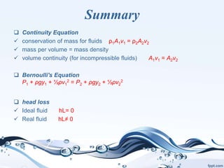 Fluid Dynamics (Continuity Equation - Bernoulli Equation - head loss ...