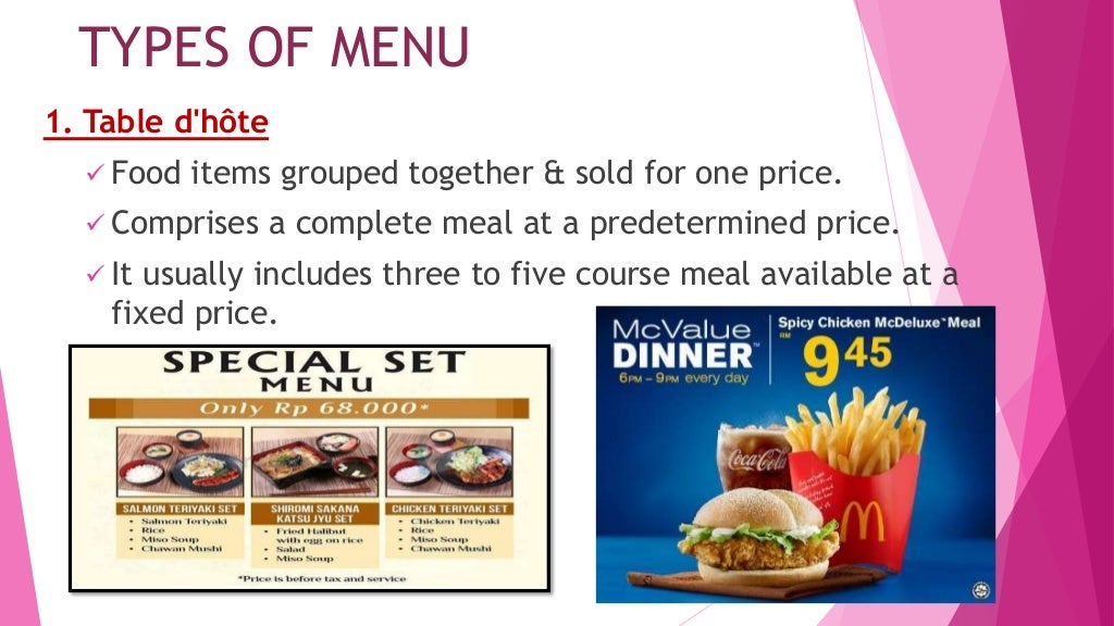 MENU AND MENU PLANNING MENU AND MENU PLANNING