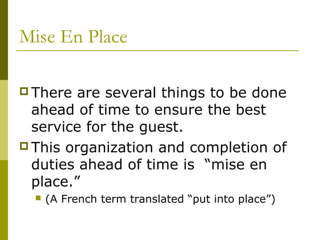 THE FOOD SERVICE SEQUENCE (MISE EN PLACE) | PPT | Cooking | Food & Drink