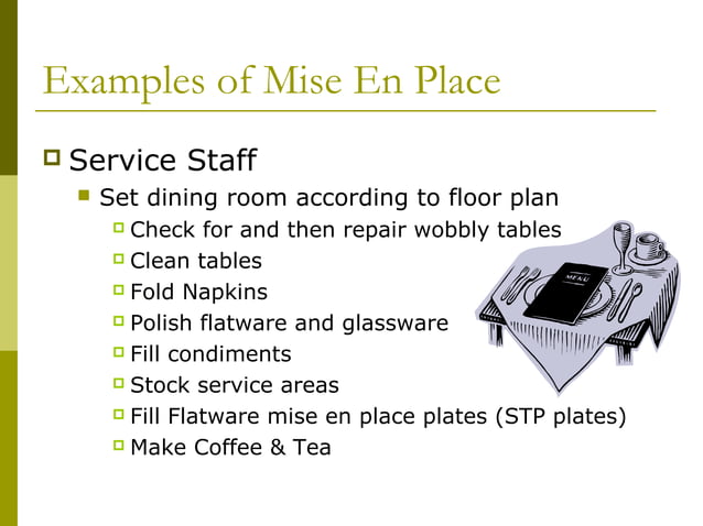 THE FOOD SERVICE SEQUENCE (MISE EN PLACE) | PPT | Cooking | Food & Drink
