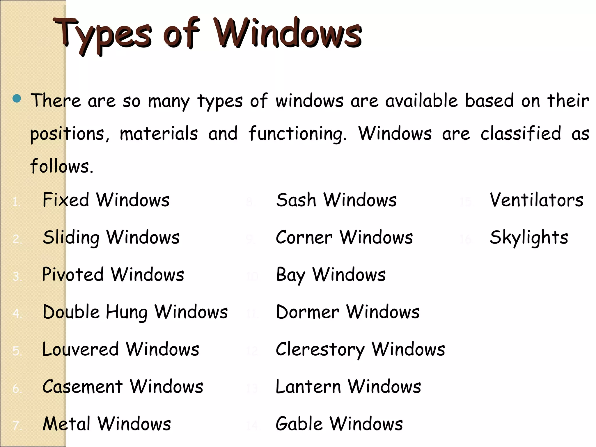 Doors,Windows & Ventilator in Building Construction | PPT