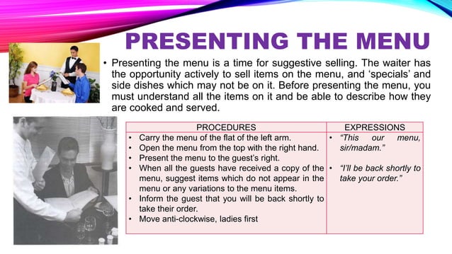 FOOD AND BEVERAGE SERVICE PROCEDURES | PPTX | Bars & Restaurants ...