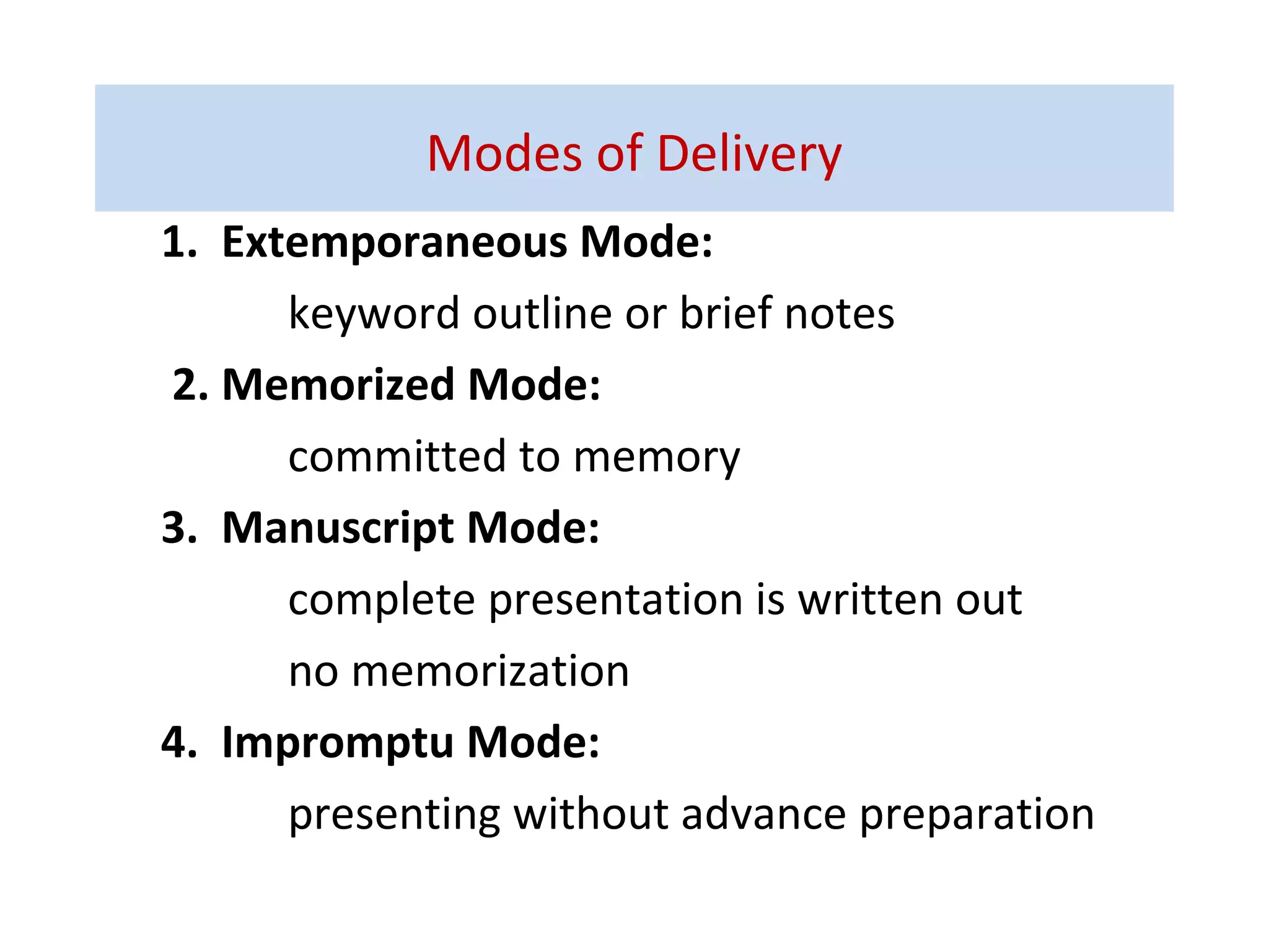 Ch7 delivering speeches (modes of delivery) | PPT