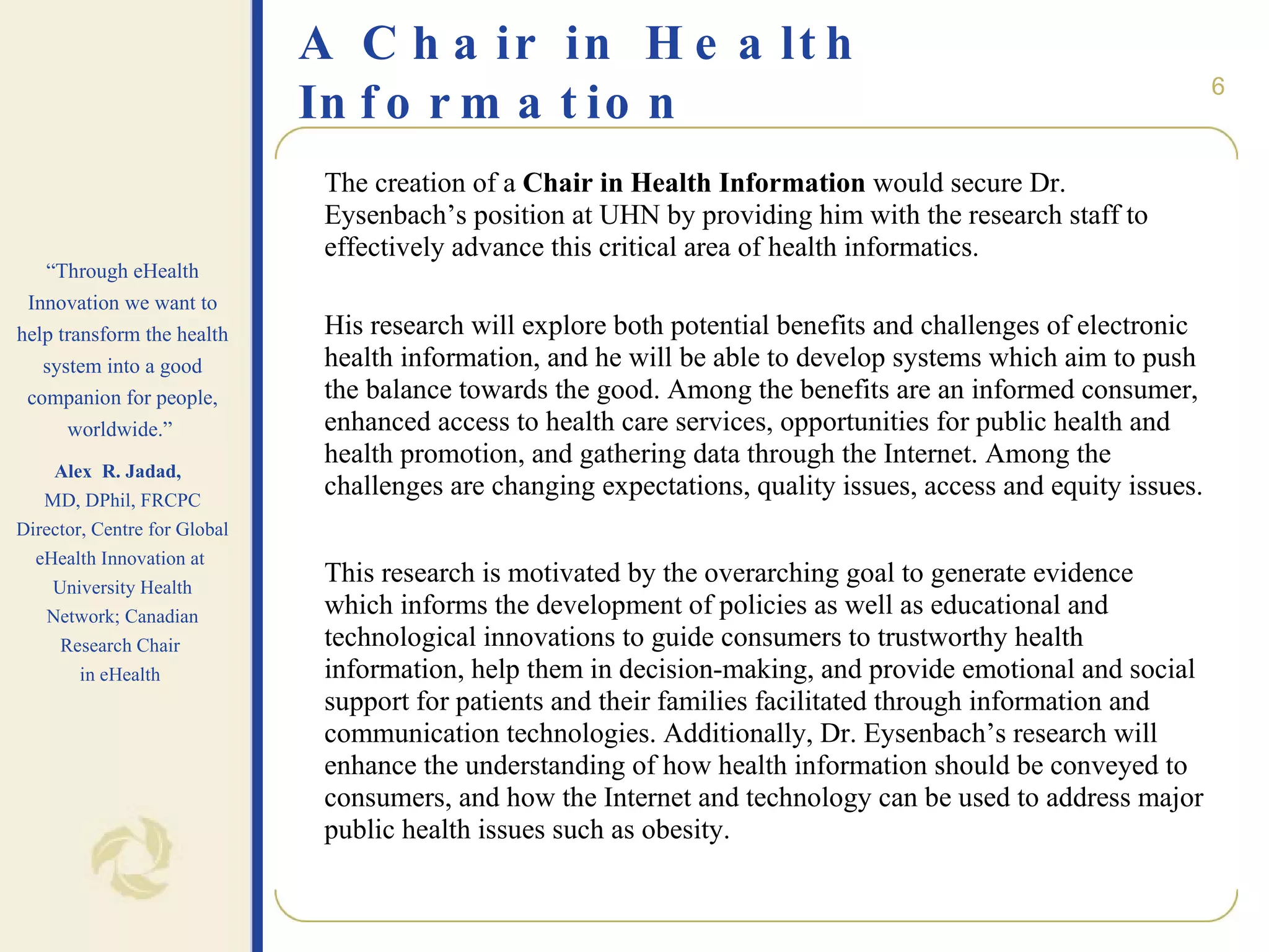 Chair In Health Information (Chair Proposal) | PPT | Internet | Computing
