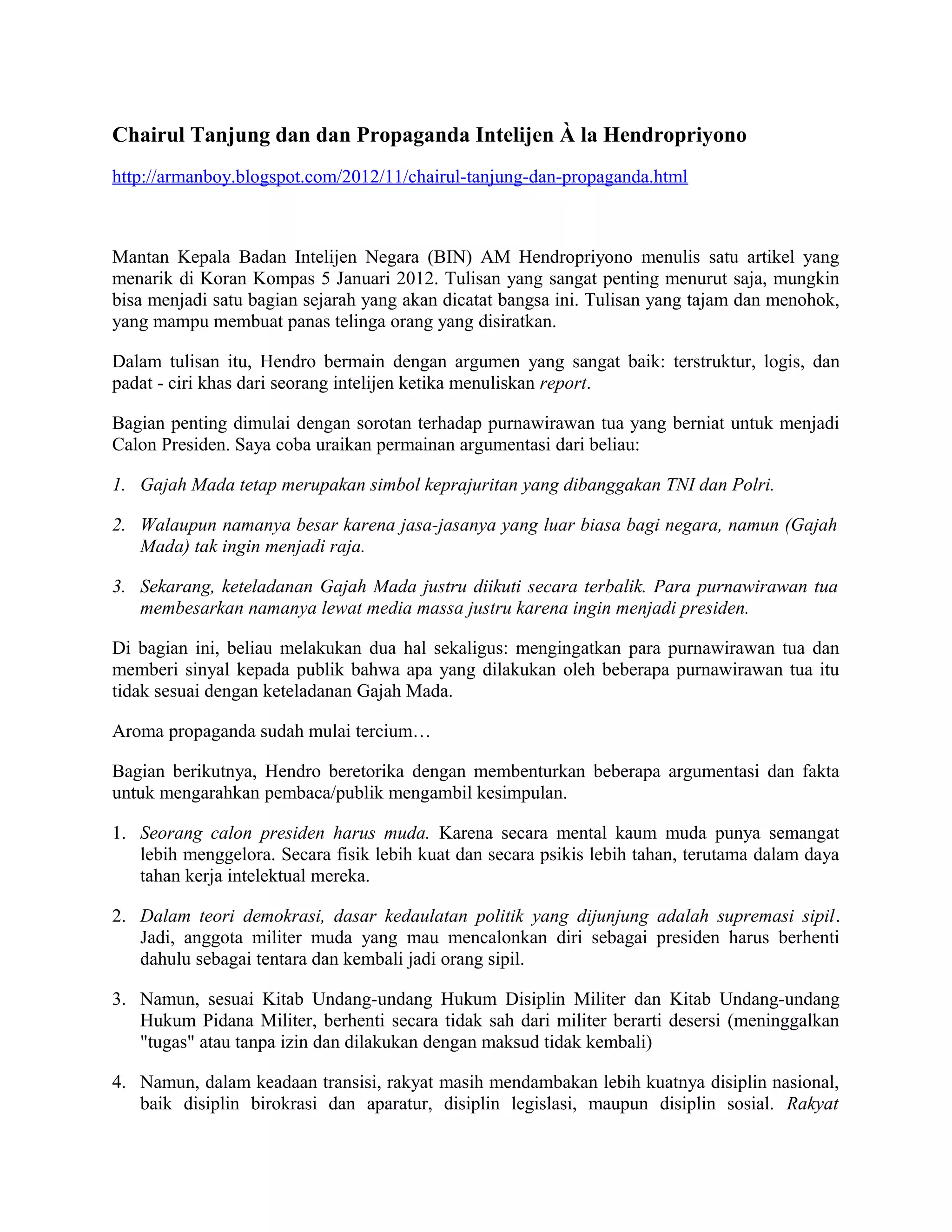 Chairul tanjung dan propaganda intelijen à la hendropriyono | PDF