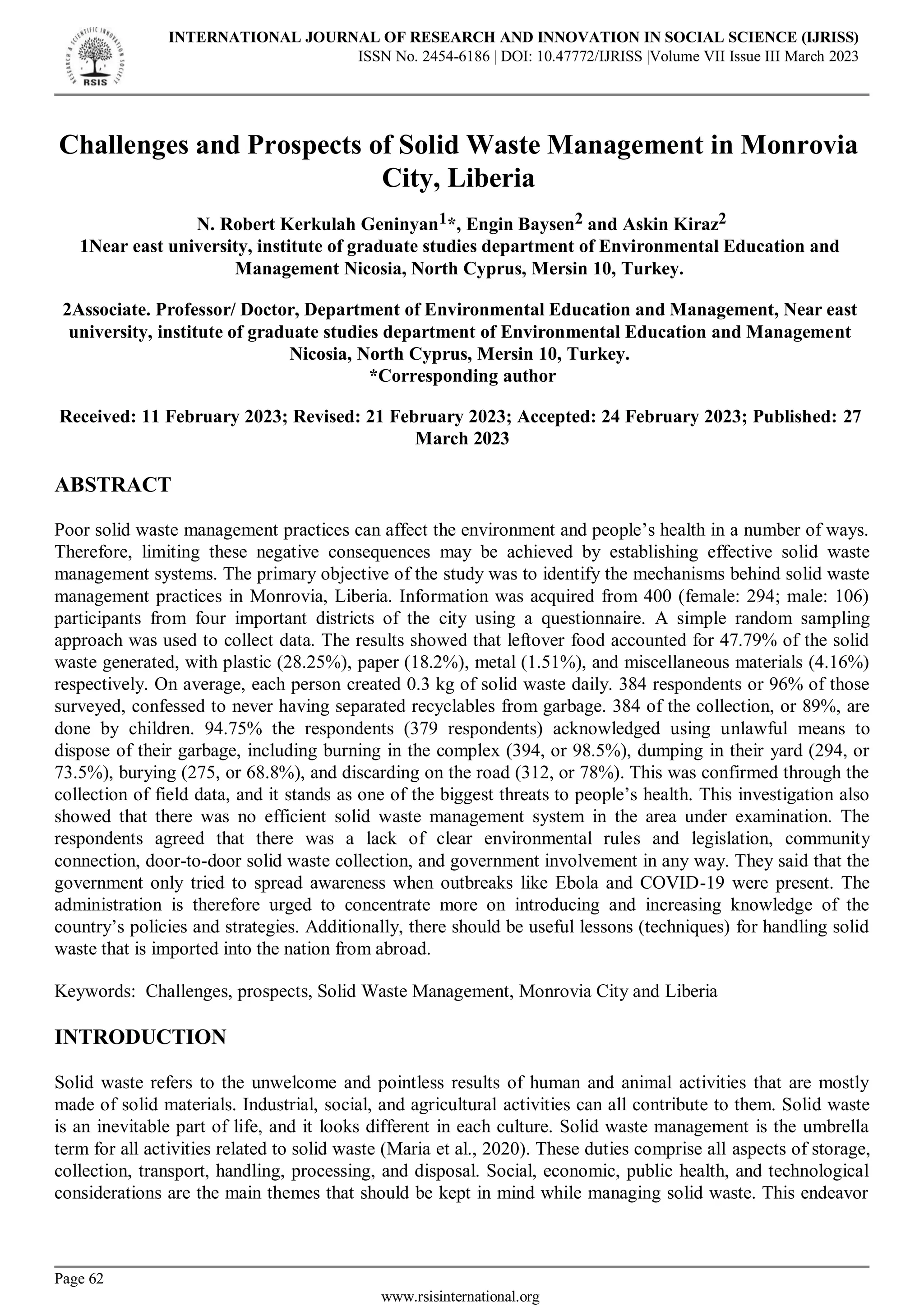 Challenges and Prospects of Solid Waste Management in Monrovia City ...