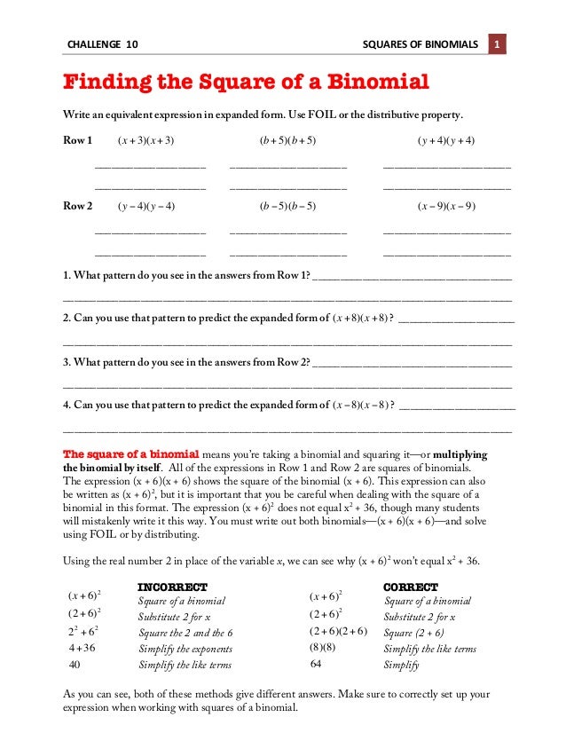 Challenge 10 square of a binomial