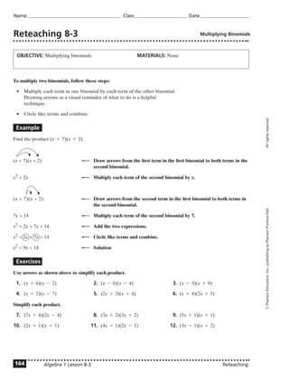 Challenge 8 reteaching 8 3- multiplying binomials | PDF