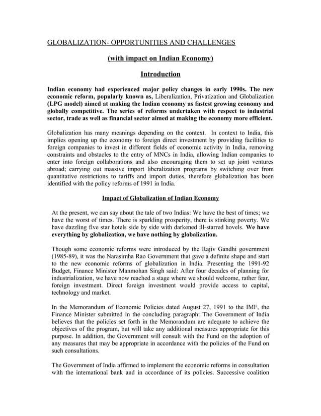 Challenges And Opportunities Of Globalisation | DOC