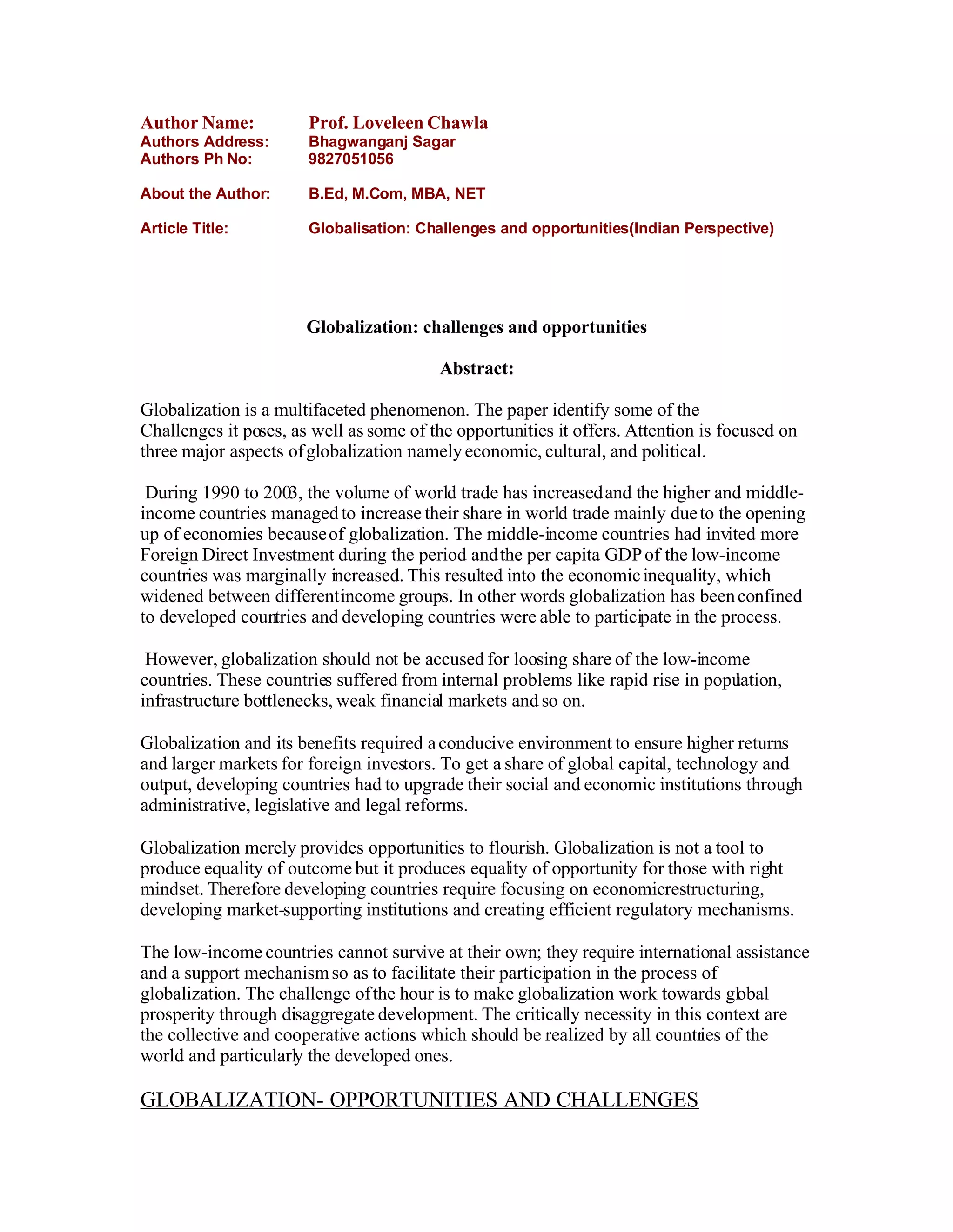 Challenges And Opportunities Of Globalisation | DOC