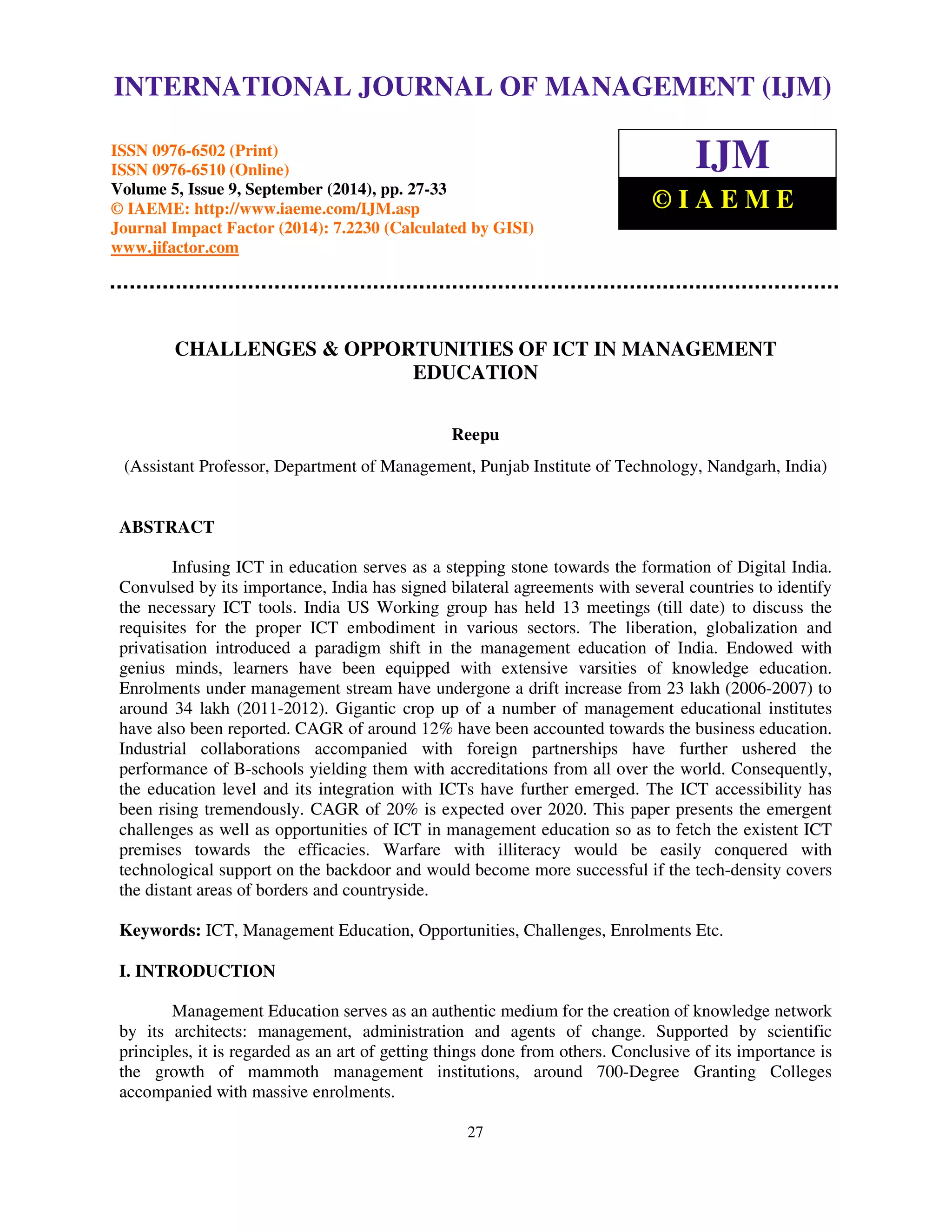 Challenges and opportunities of ict in management education | PDF ...
