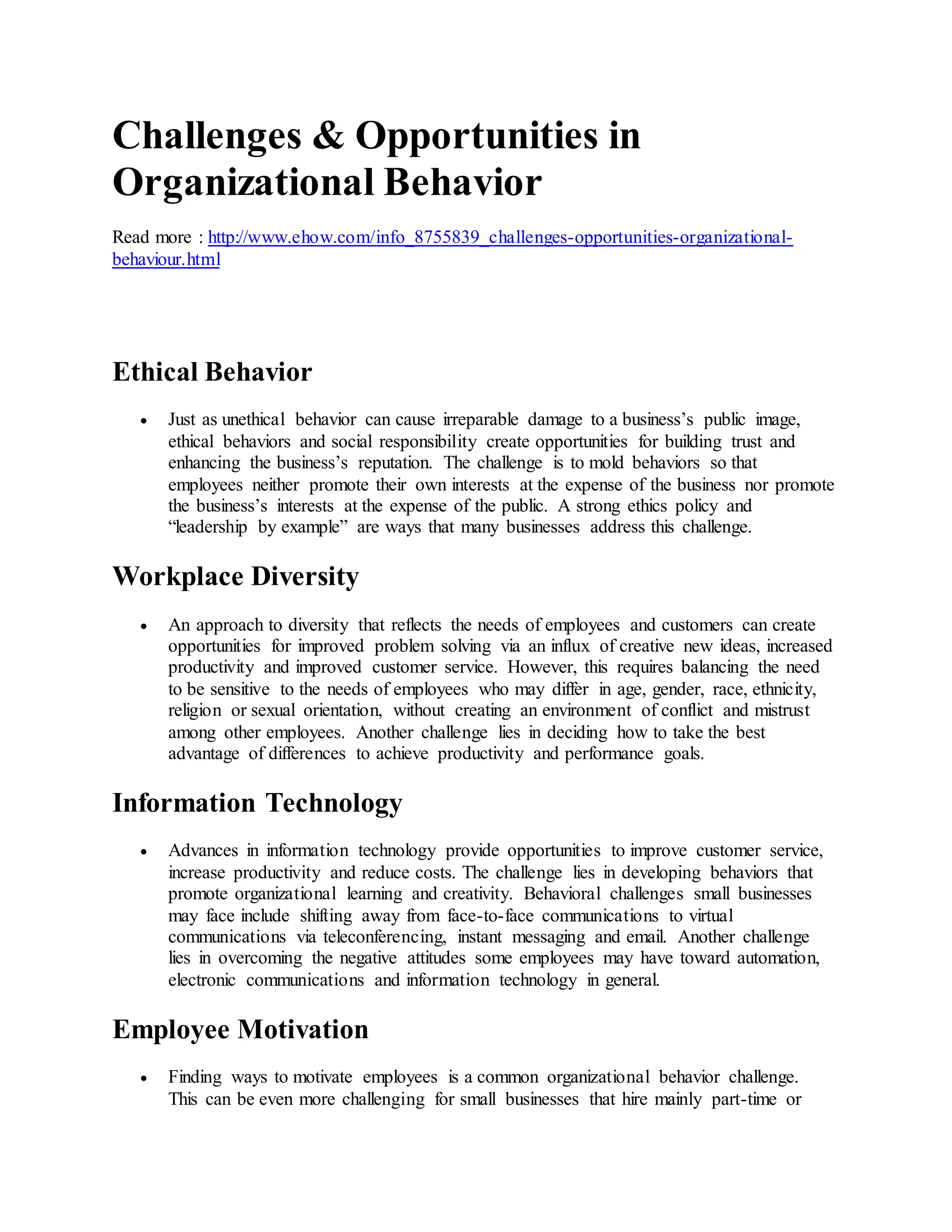 Challenges and opportunities of organizational behavior | DOCX