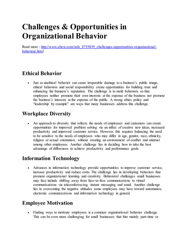 Challenges and opportunities of organizational behavior | PDF