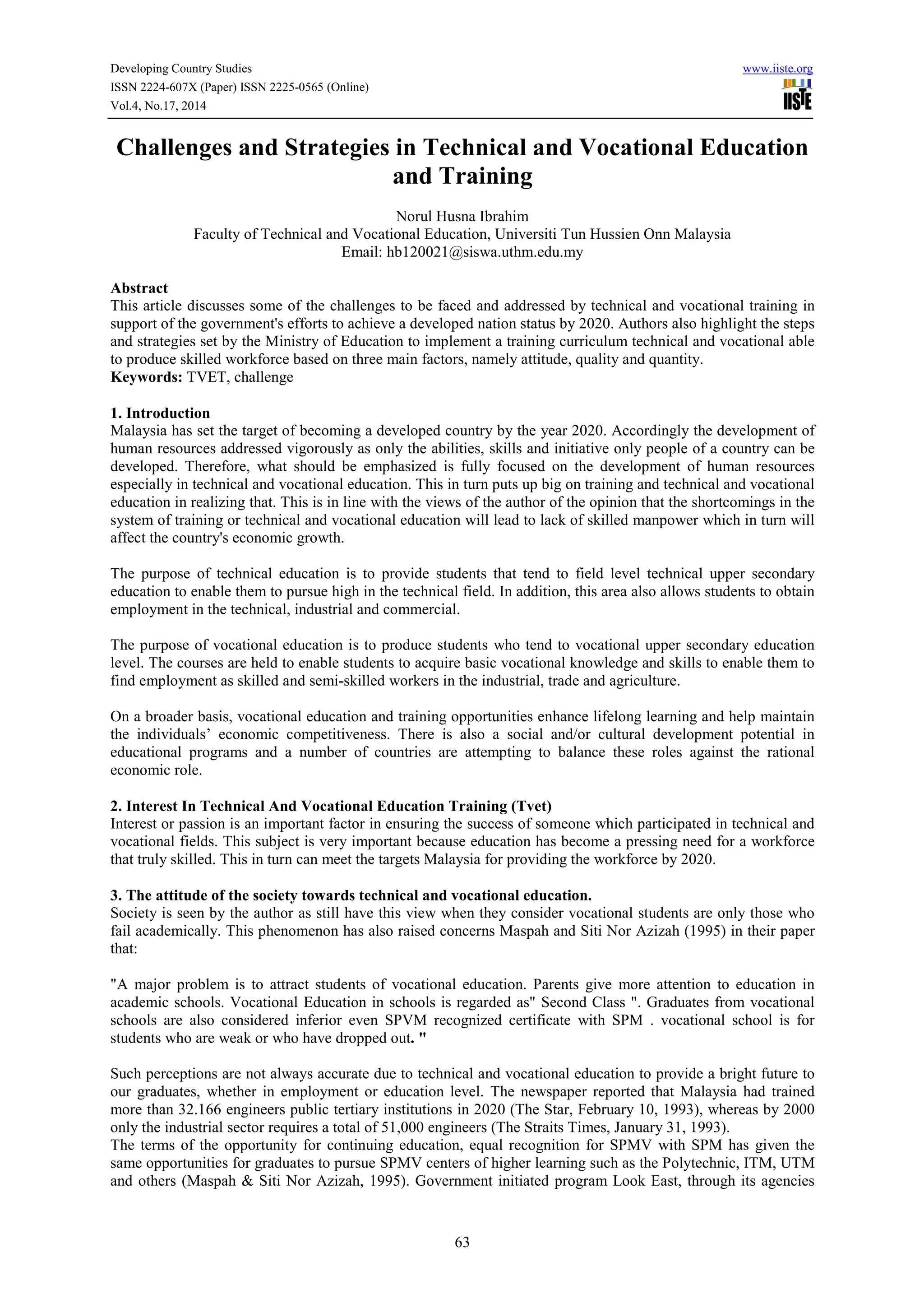 Challenges and strategies in technical and vocational education and ...