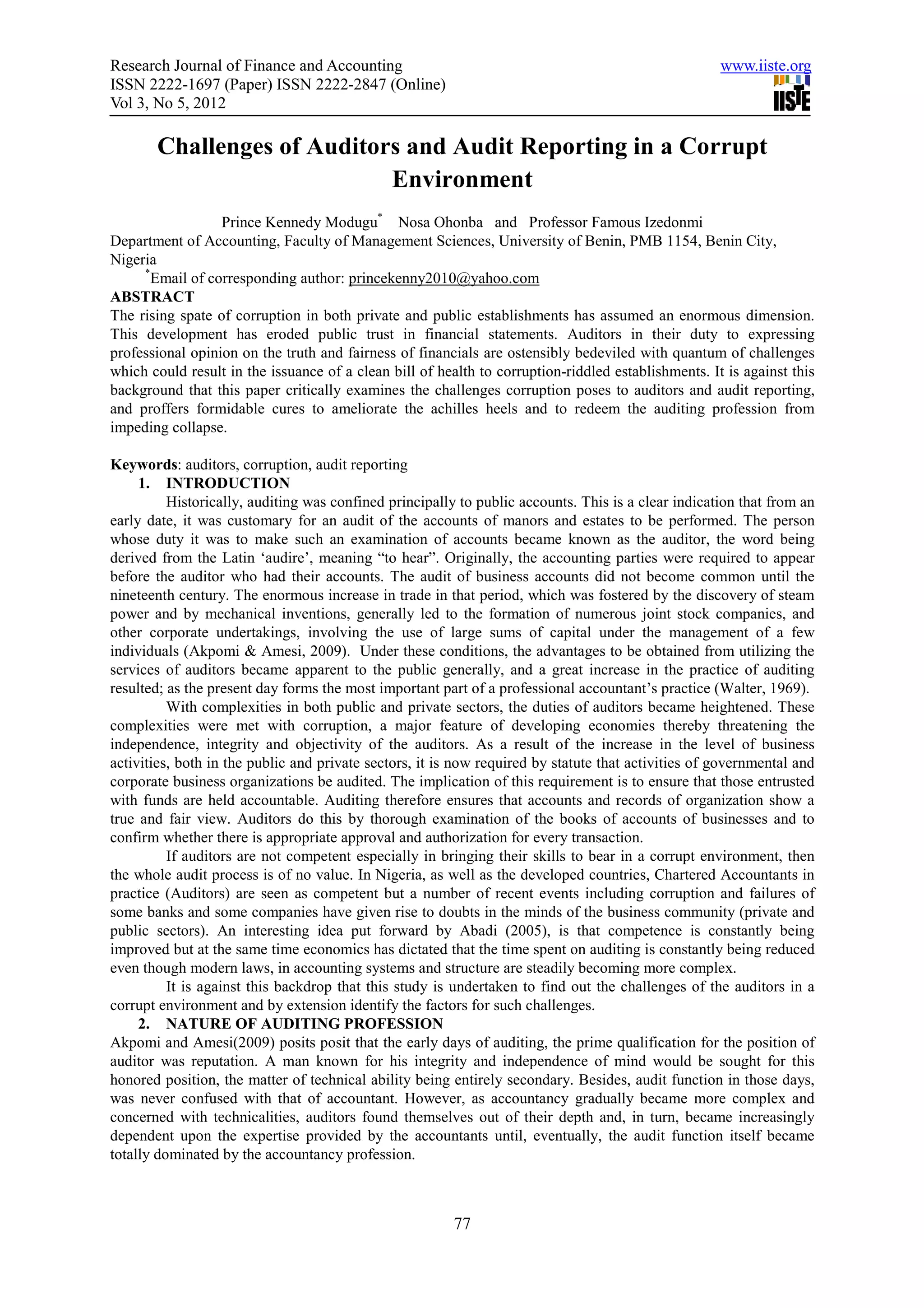 Challenges of auditors and audit reporting in a corrupt environment | PDF