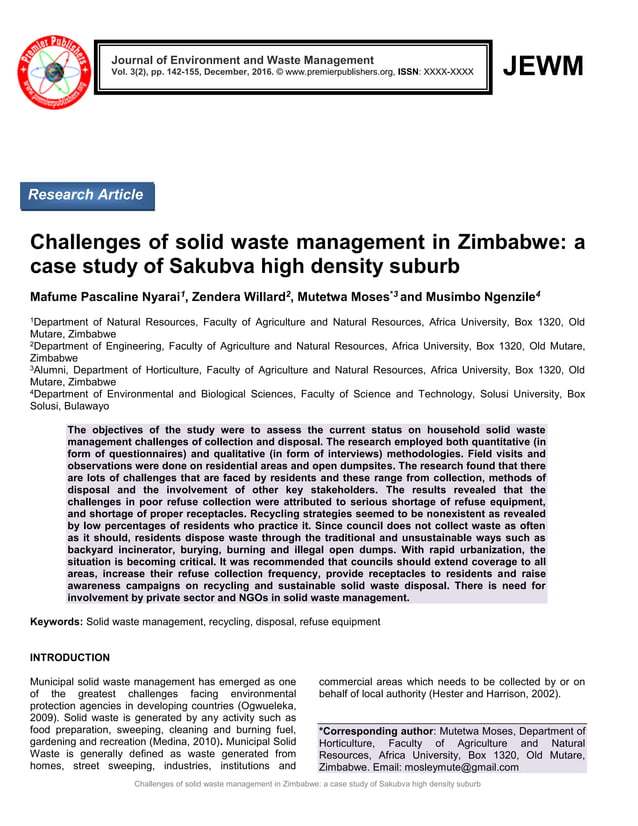 Challenges of solid waste management in zimbabwe a case study of ...