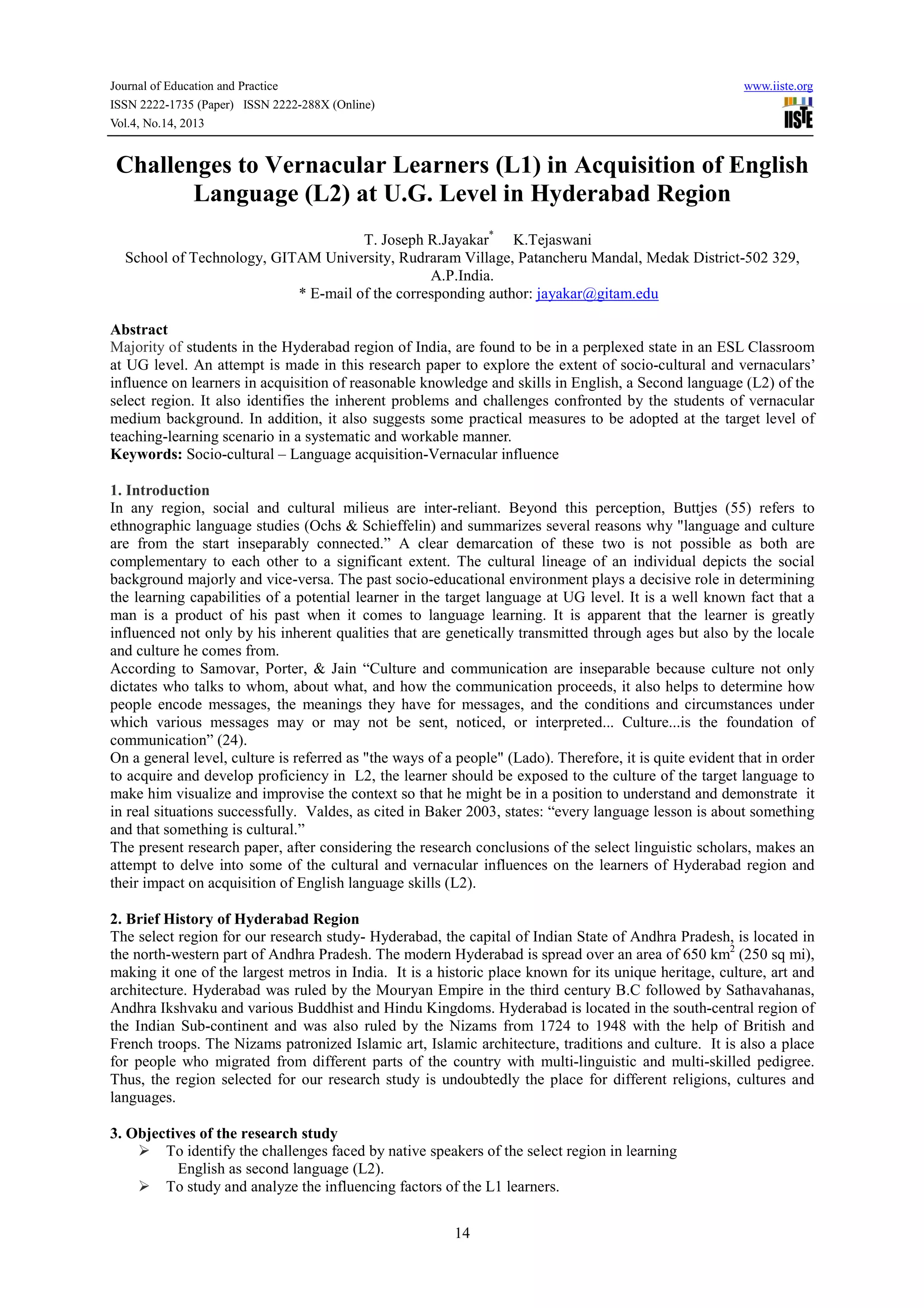 Challenges to vernacular learners (l1) in acquisition of english language (l2) at u.g. level in ...