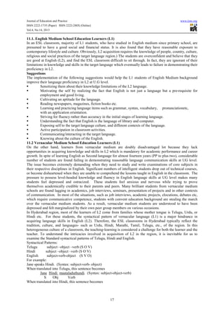 Challenges to vernacular learners (l1) in acquisition of english language (l2) at u.g. level in ...