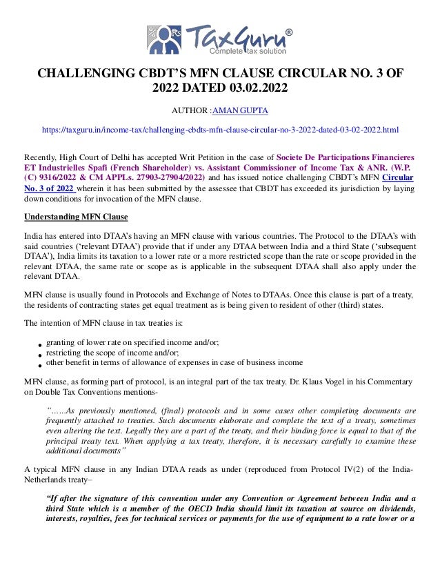 Challenging CBDT’s MFN Clause Circular No. 3 of 2022 dated 03.02.2022