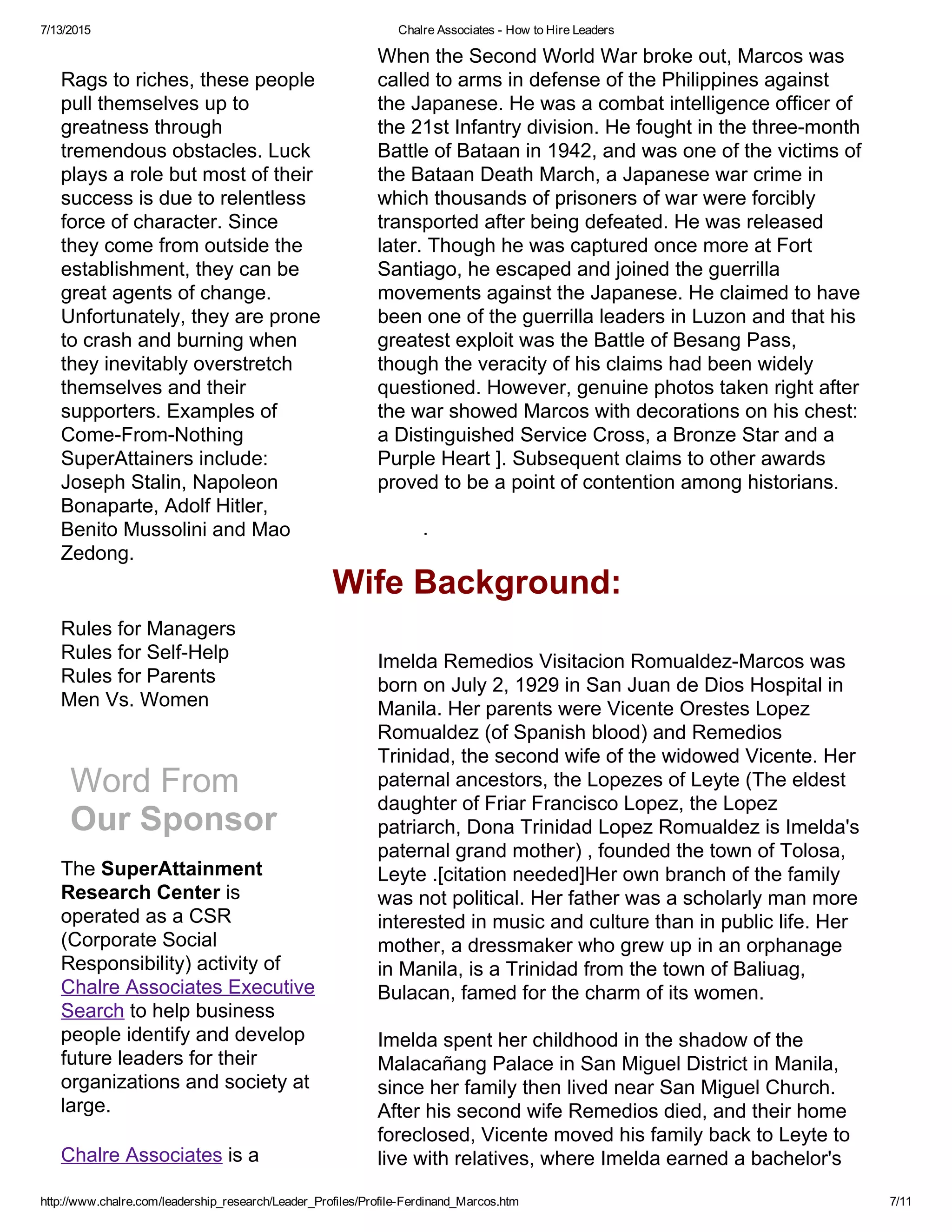 Ferdinand Marcos extolled by Chalre Associates | PDF