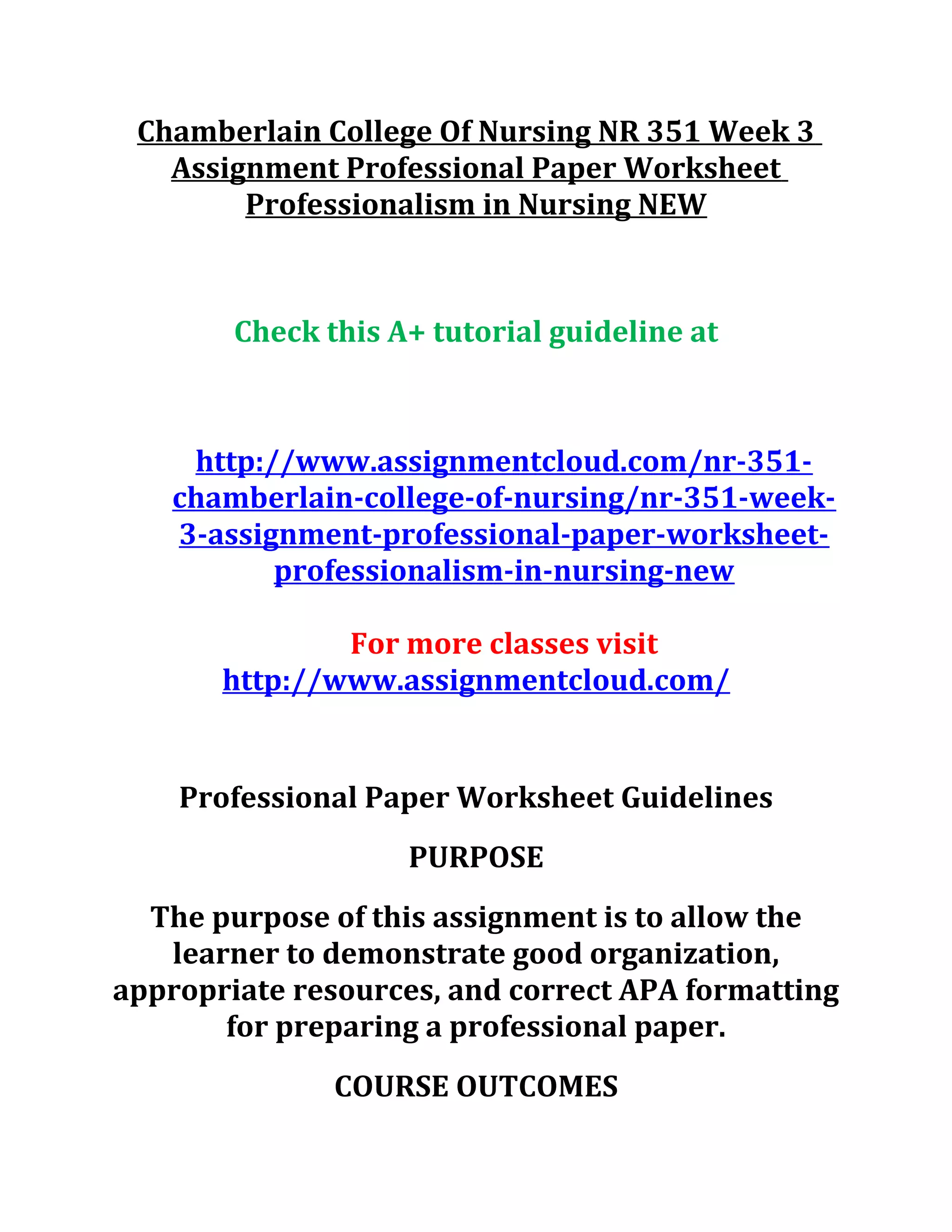 Chamberlain college of nursing nr 351 week 3 assignment professional ...