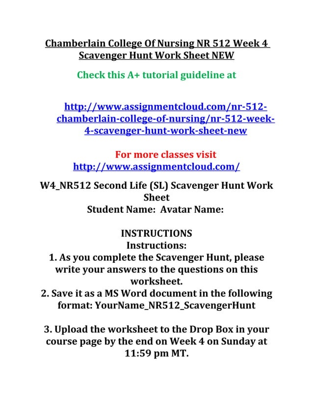 Chamberlain college of nursing nr 512 week 4 scavenger hunt work sheet ...