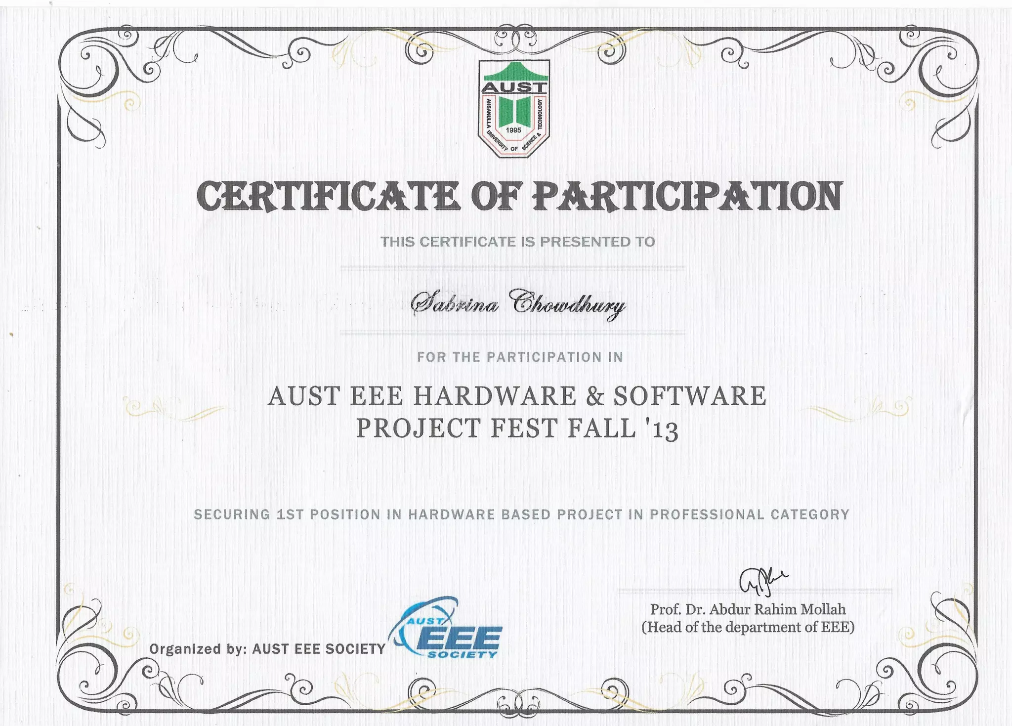 Championship award certificate in professional hardware category tech ...