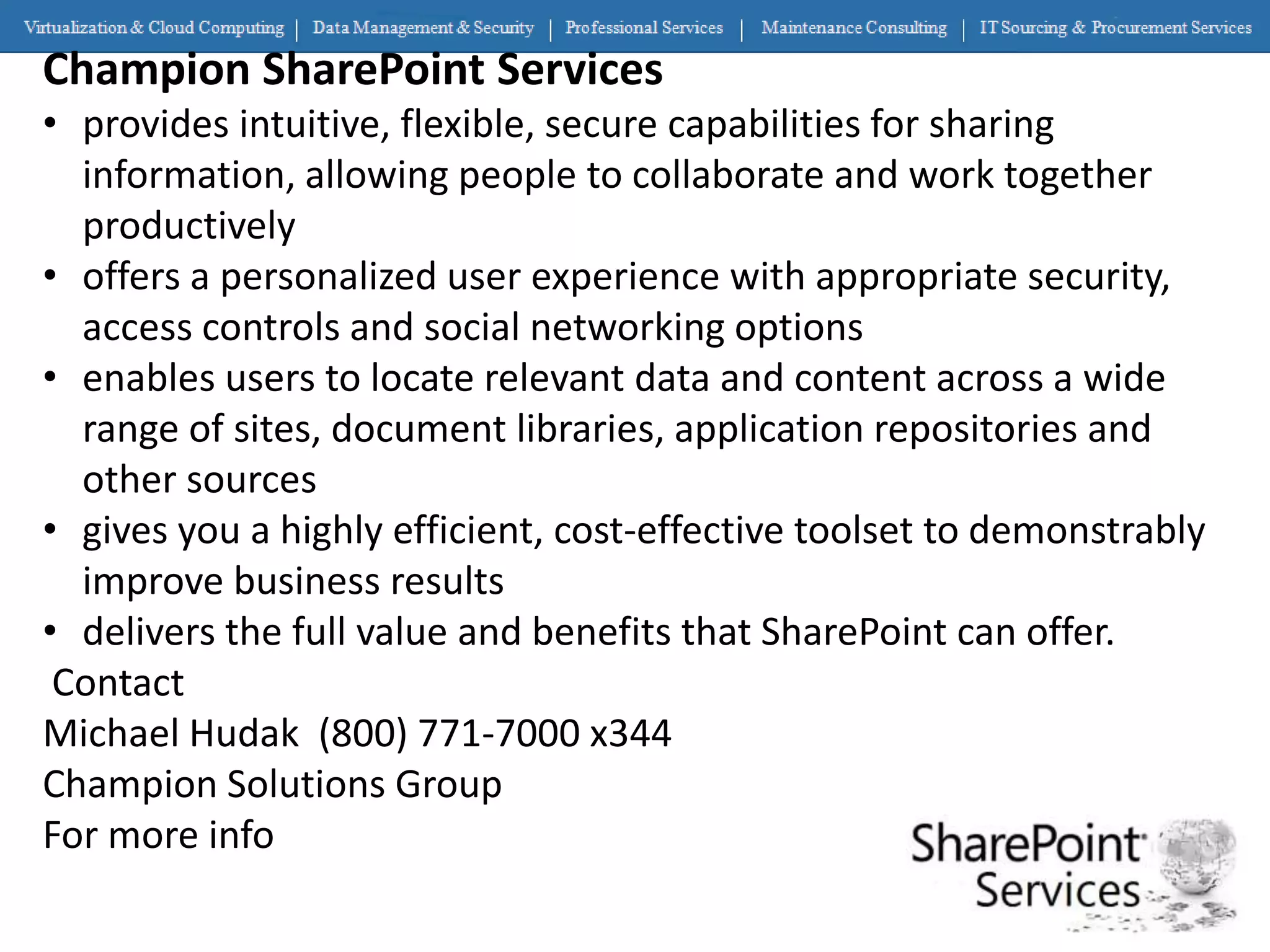 The 5 Pillars of Champion SharePoint Services: | PPTX