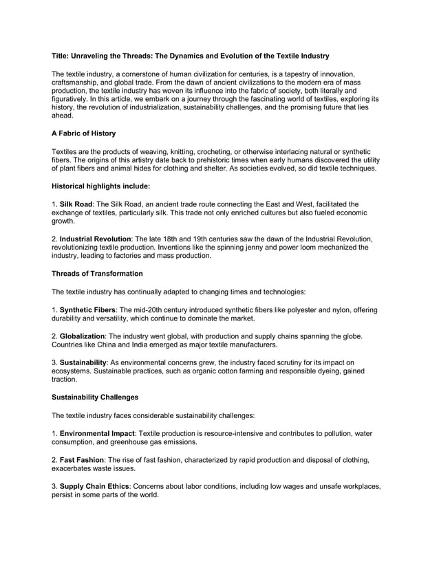 Unraveling the Threads: The Dynamics and Evolution of the Textile ...