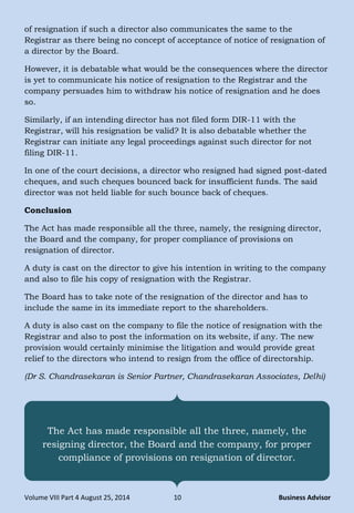 Resignation of director – A new provision: Duty of director, Board and ...