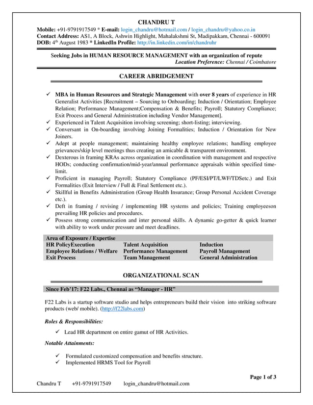 Chandru T - Resume | PDF | Human Resources | Business