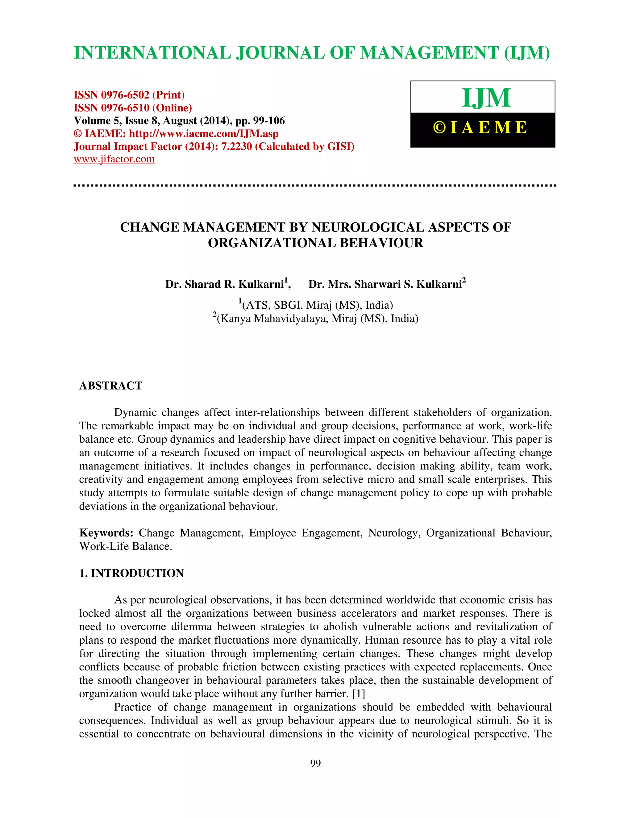 Change management by neurological aspects of organizational behaviour | PDF