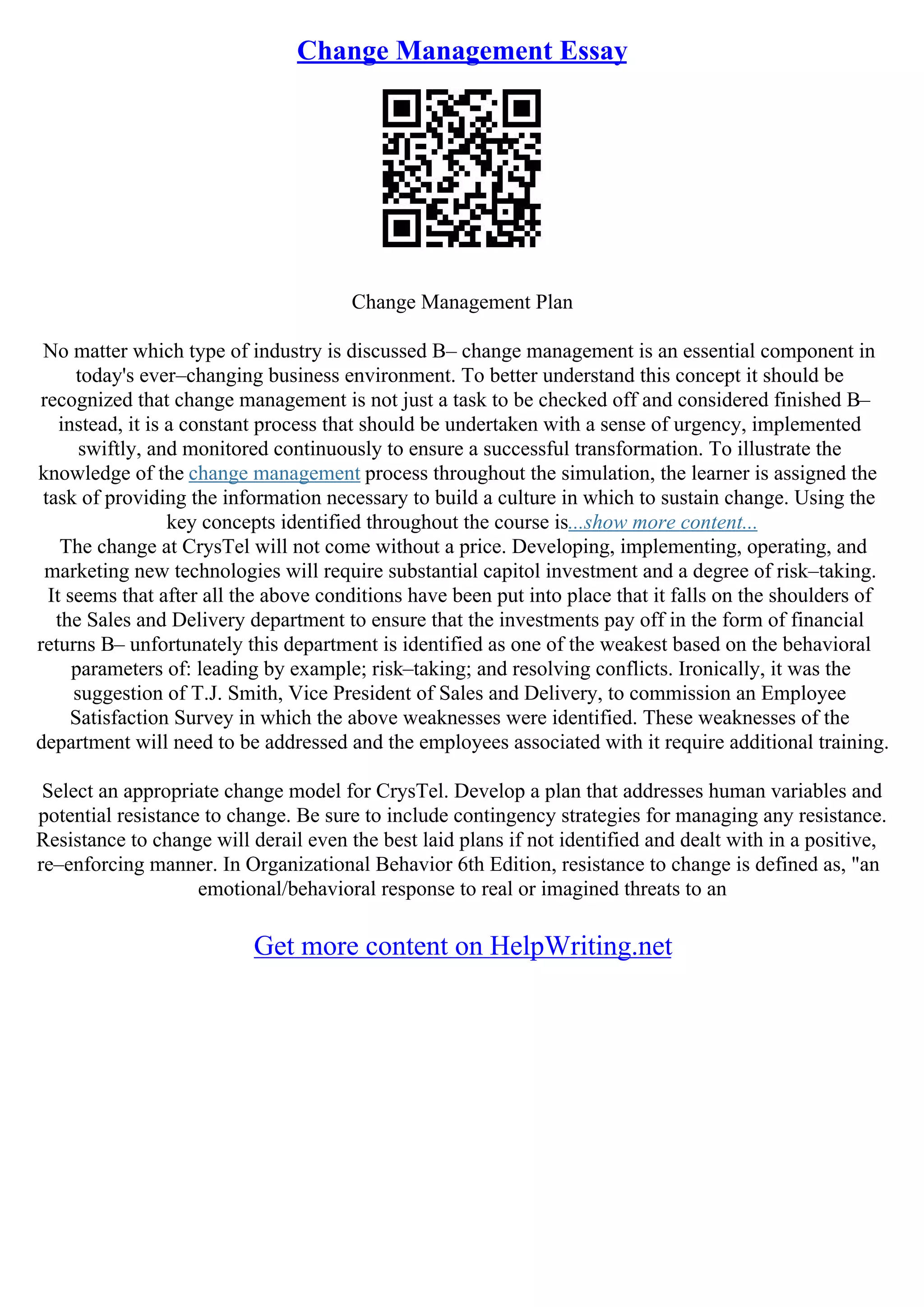 Change Management Essay | PDF