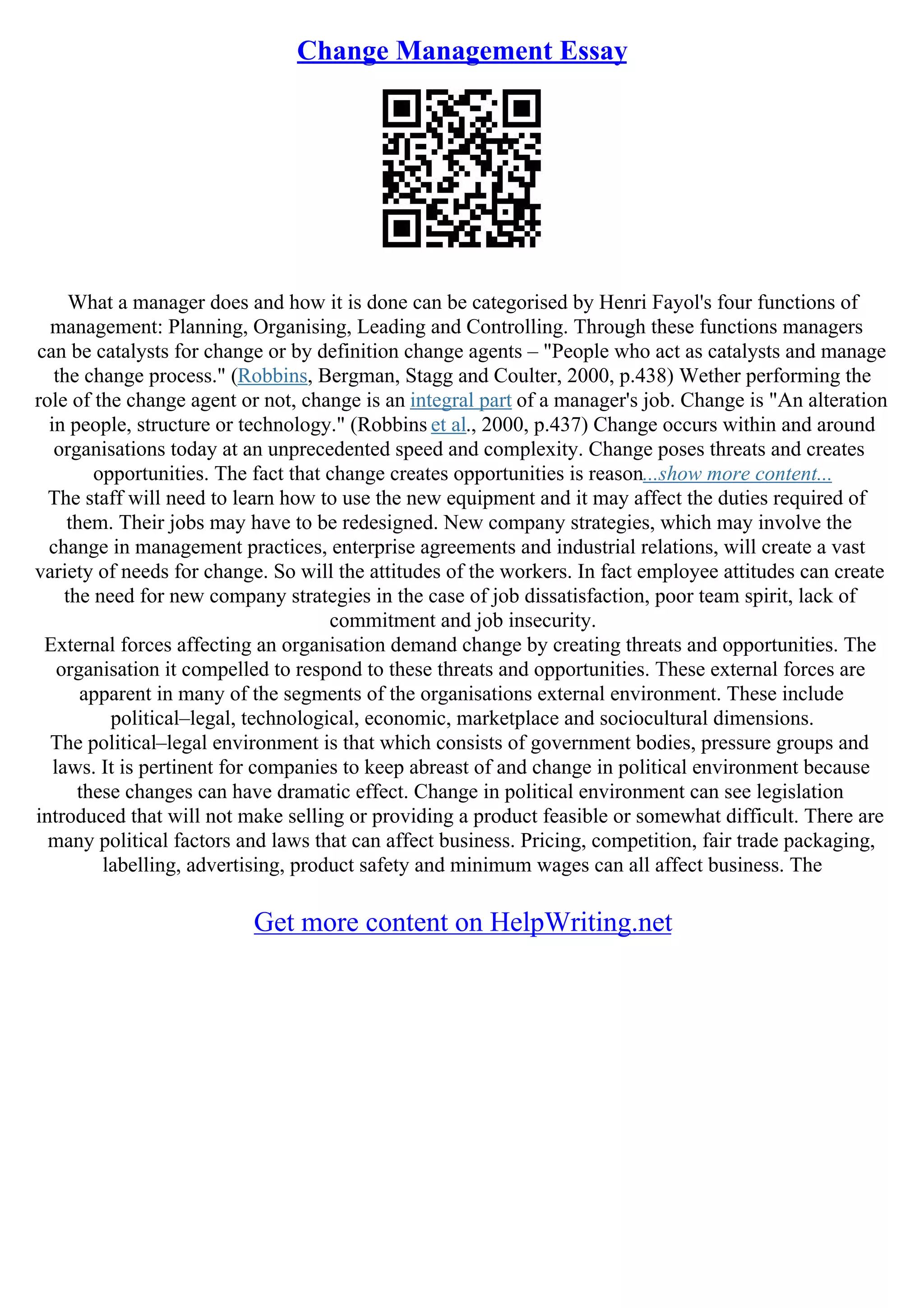 Change Management Essay | PDF