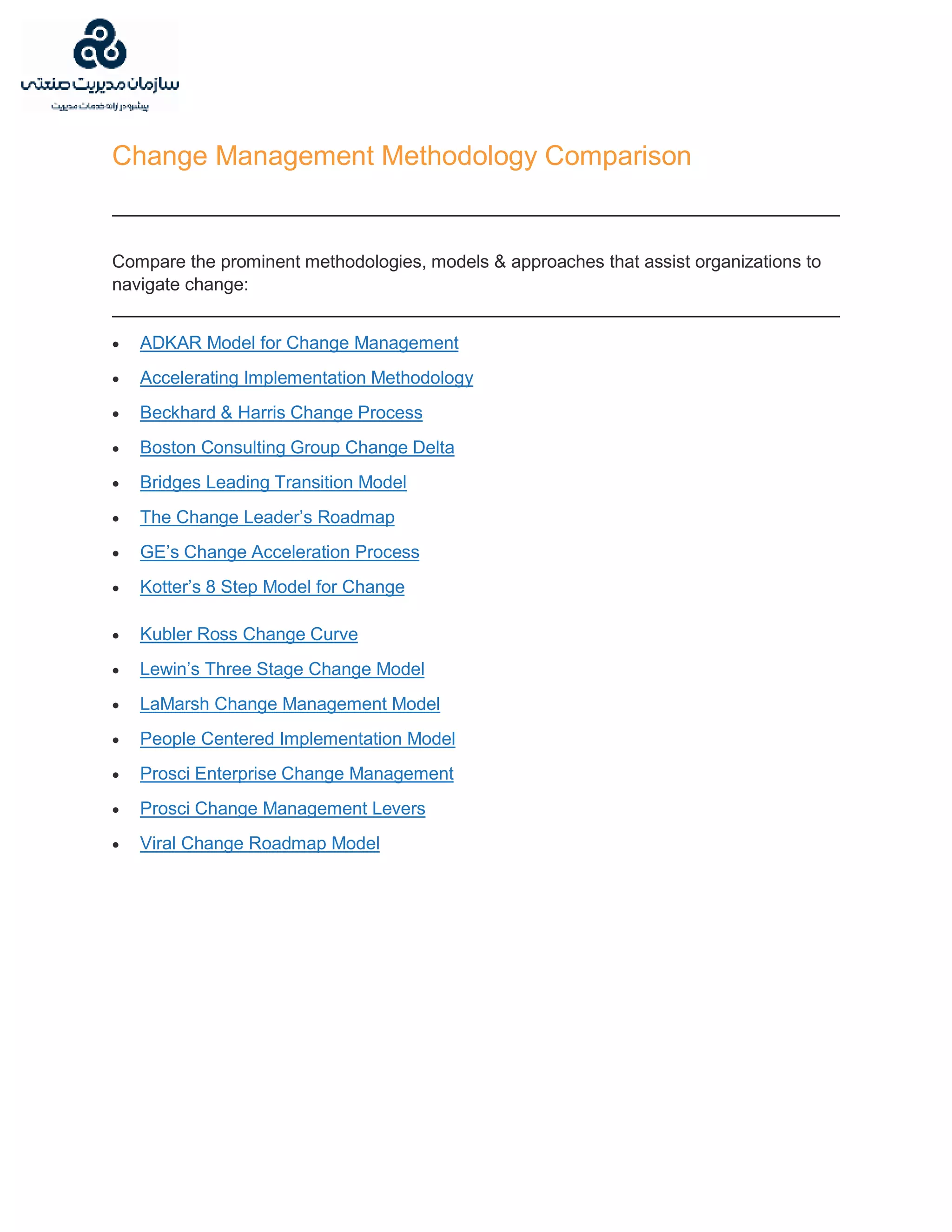 Change management methodologies comparison | PDF