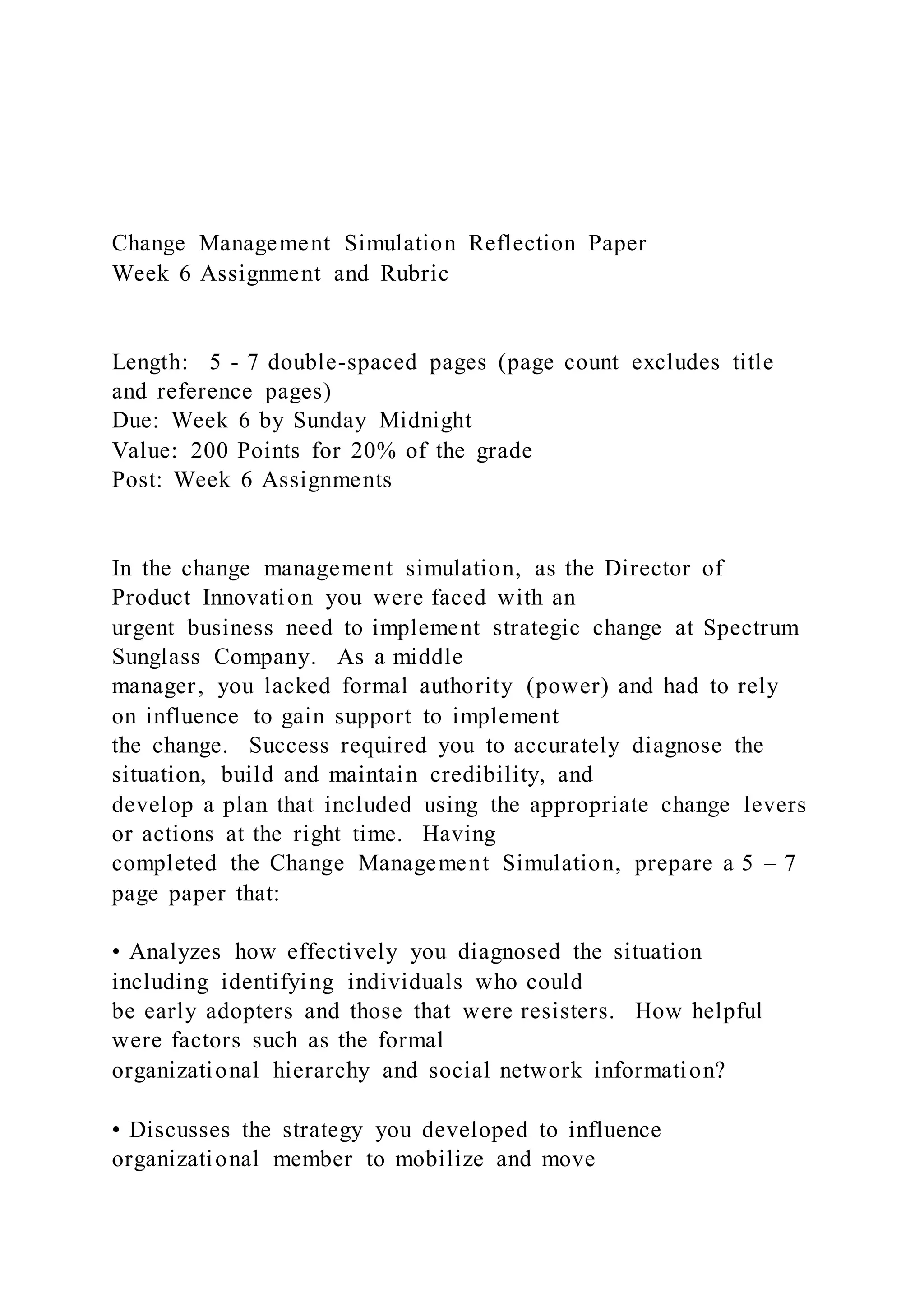 Change Management Simulation Reflection Paper Week 6 Assignm | DOCX