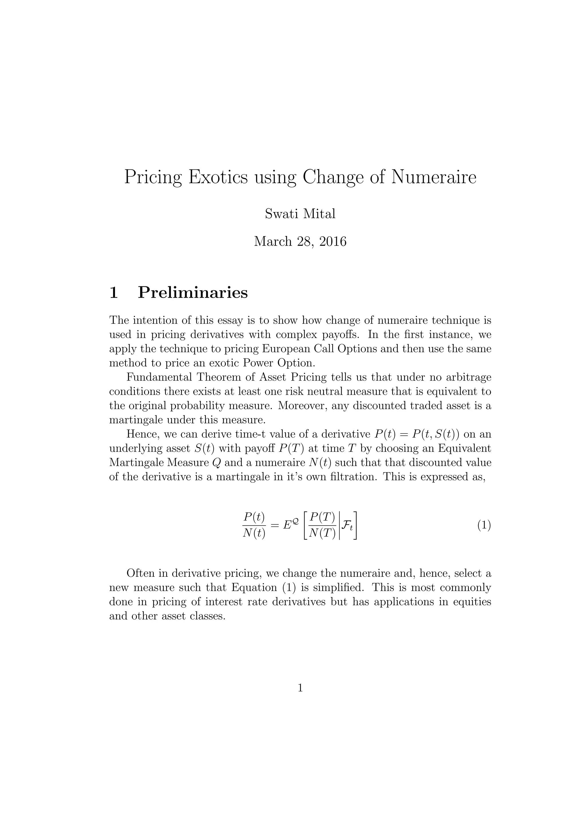 Pricing Exotics using Change of Numeraire | PDF