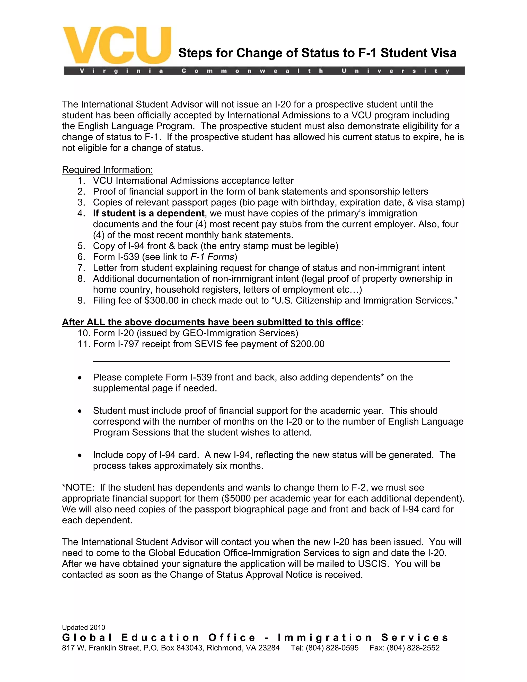 Change of status to F-1 | PDF