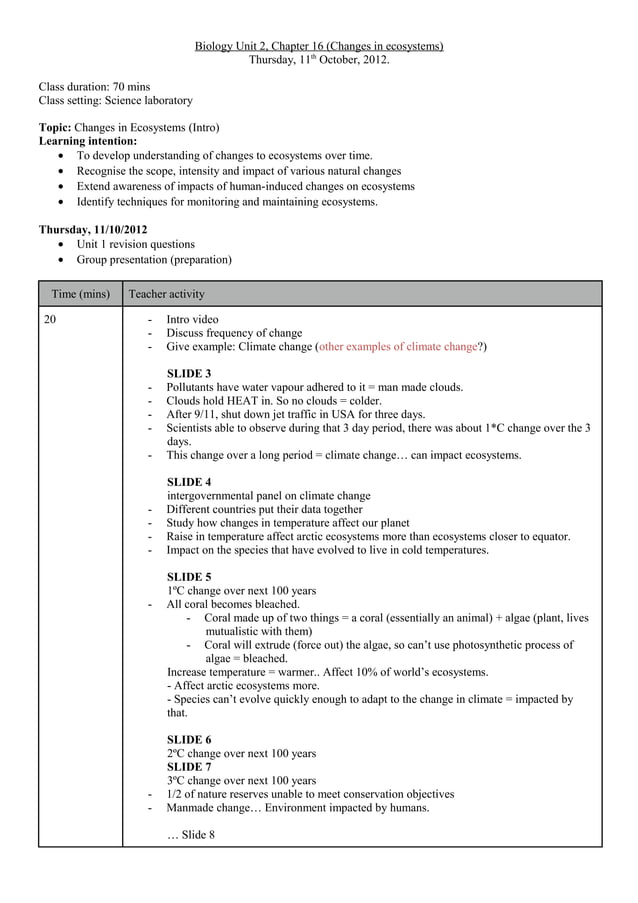 BIOLOGY (Lesson Plan): Changes in ecosystems. | PDF