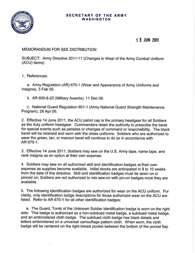 Changes to wear of Army Combat Uniform from DoD | PDF