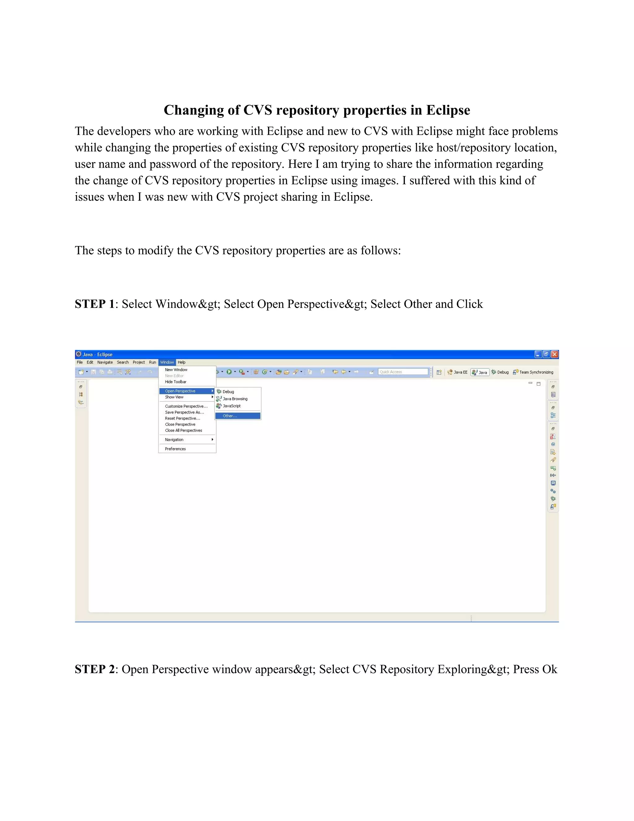 Changing of cvs repository properties in eclipse | DOC | Operating Systems | Computer Software ...