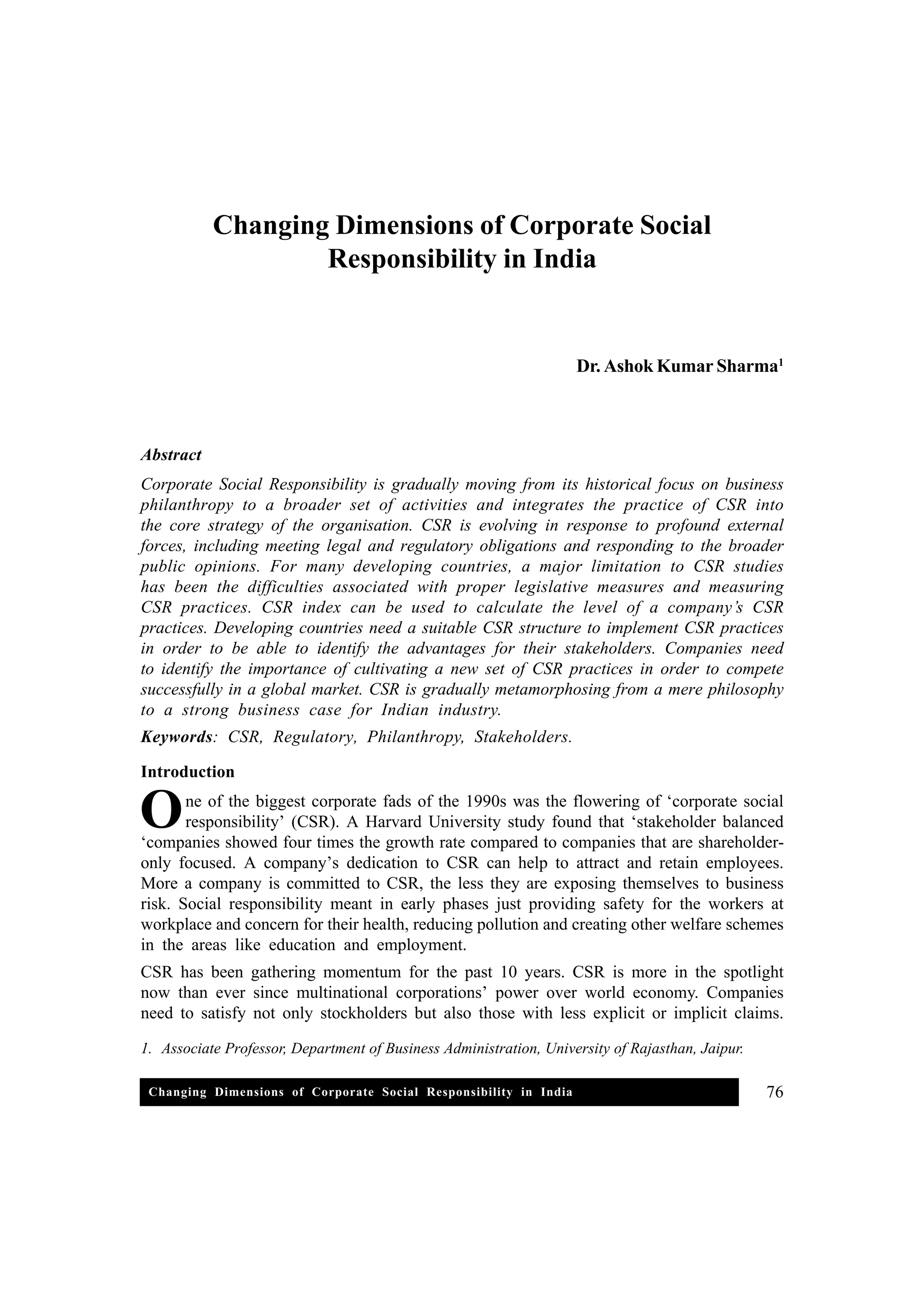 Changing dimensions of corporate social responsibility in india | PDF