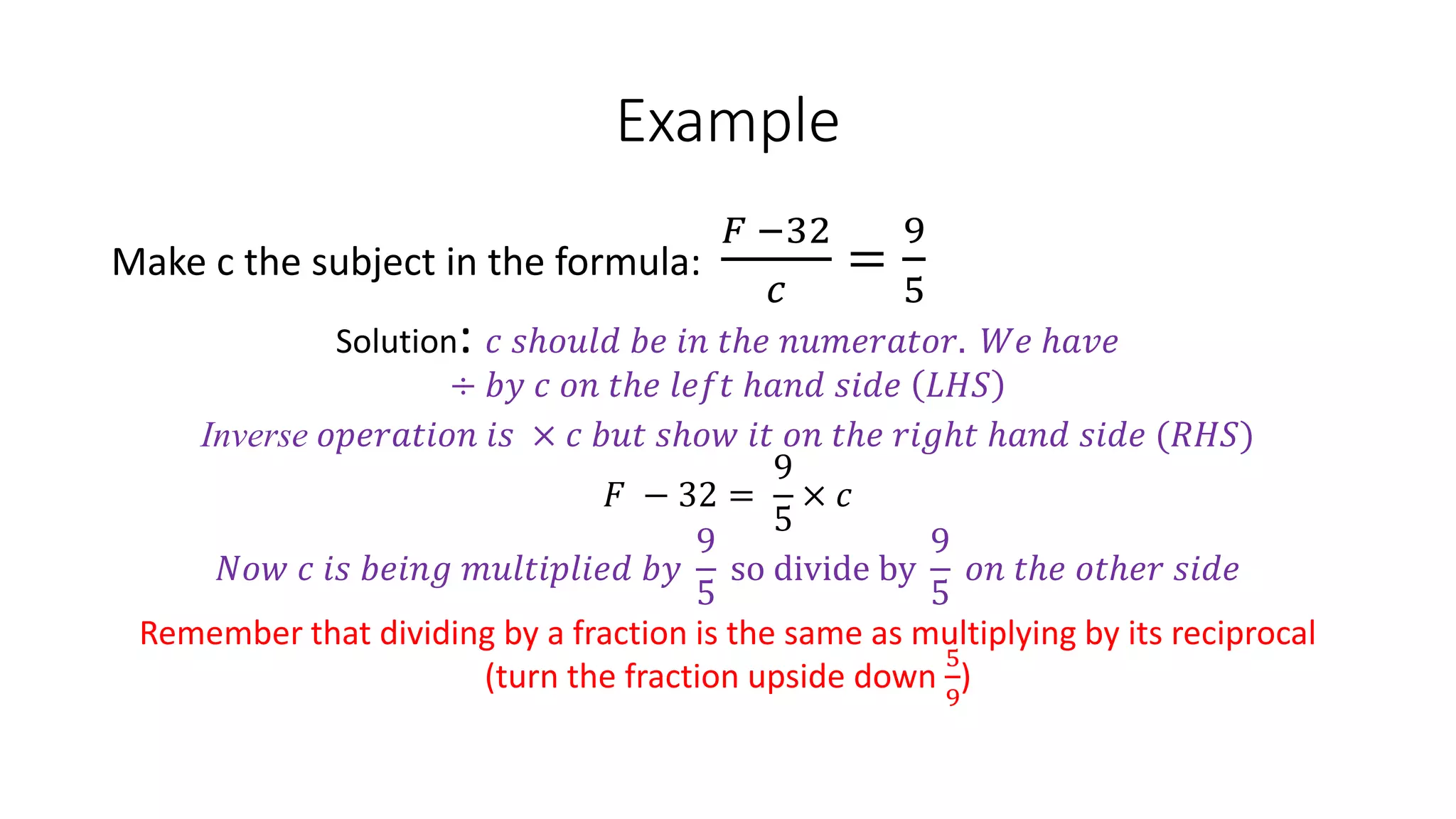 Changing the subject of a formula (Simple Formulae) | PPTX