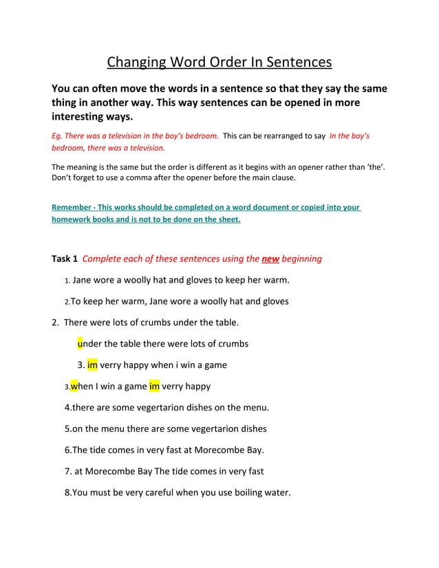 Changing word order in sentences | DOC