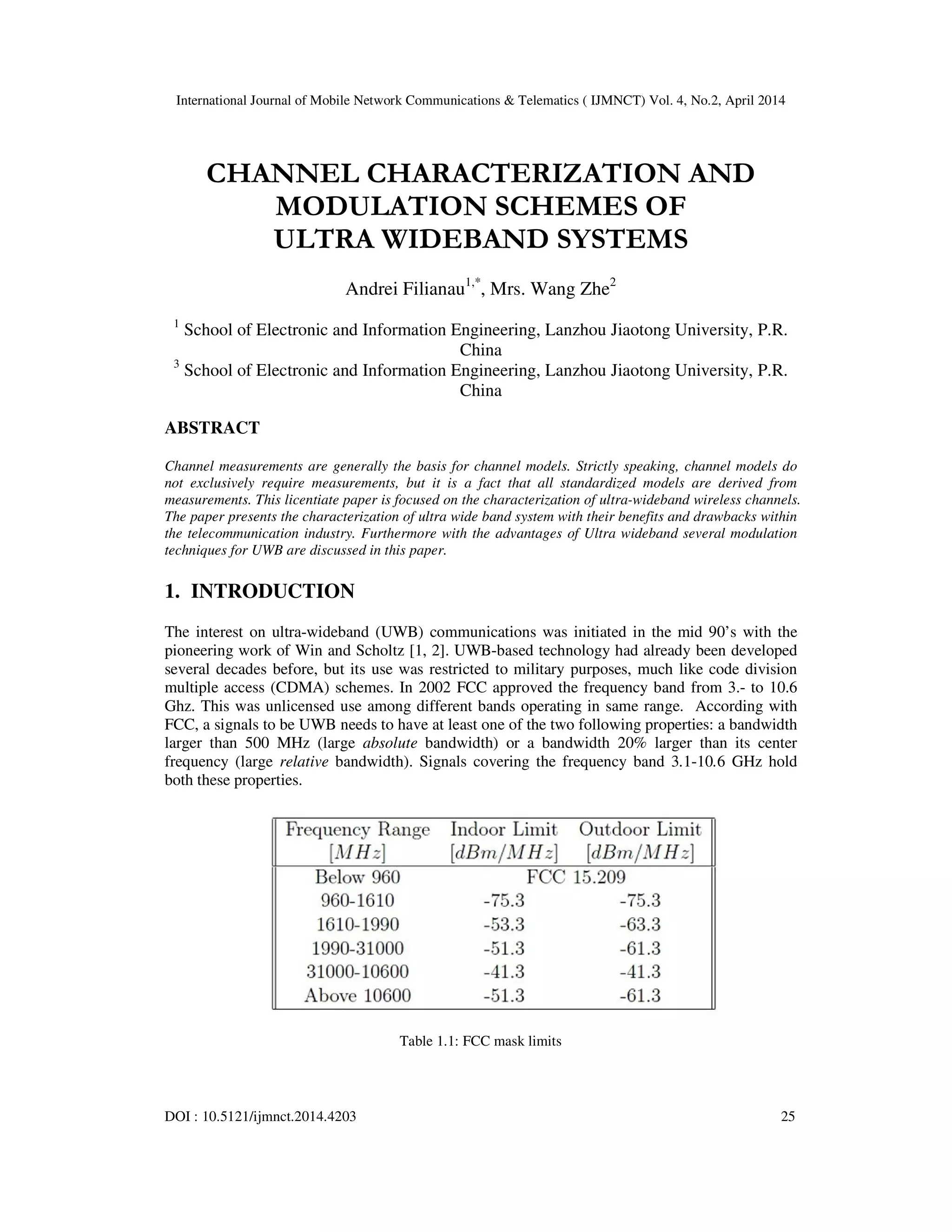 Channel characterization and modulation schemes of ultra wideband systems | PDF