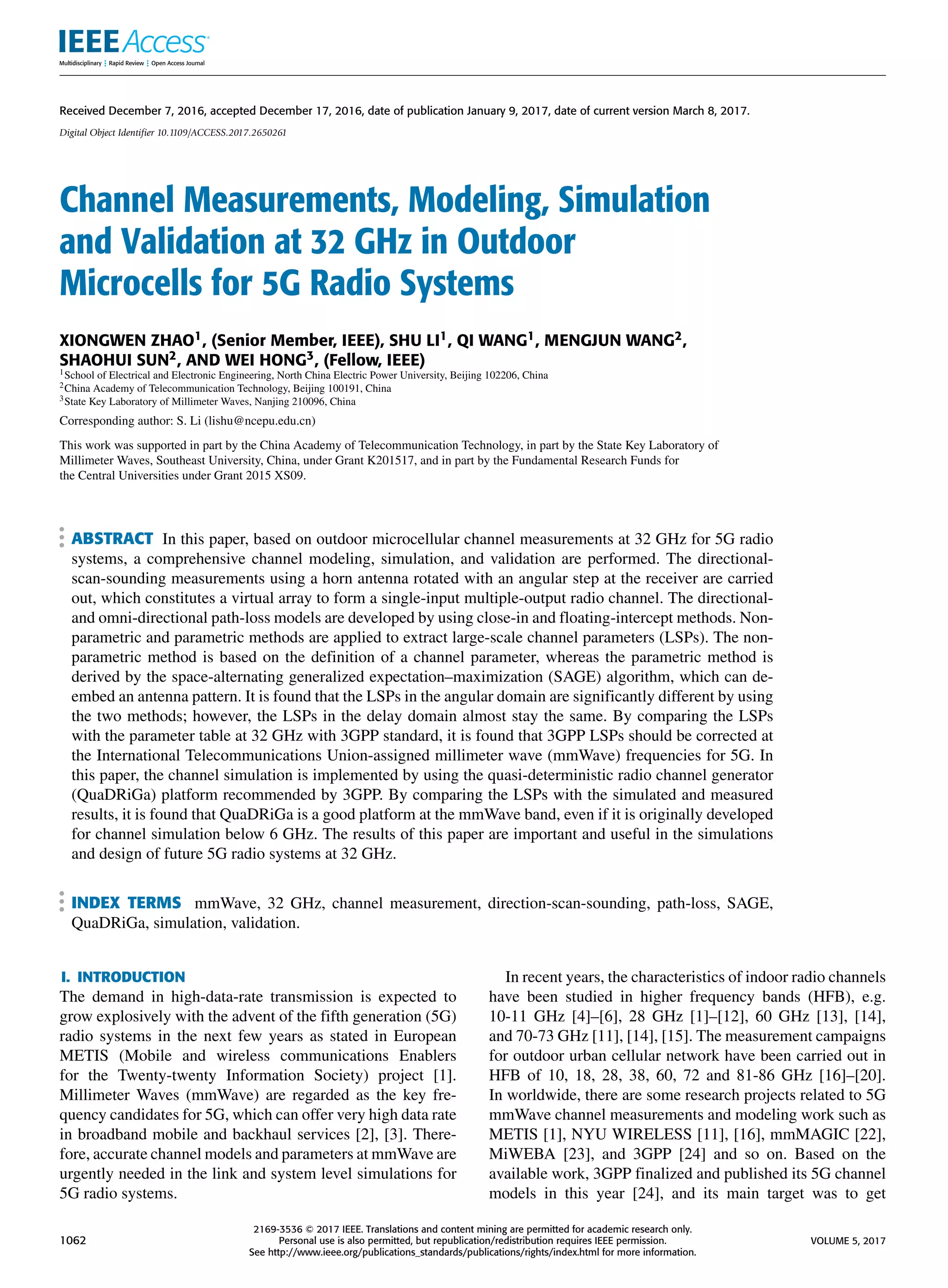 Channel Measurements, Modeling, Simulation and Validation at 32 GHz in Outdoor Microcells for 5G ...