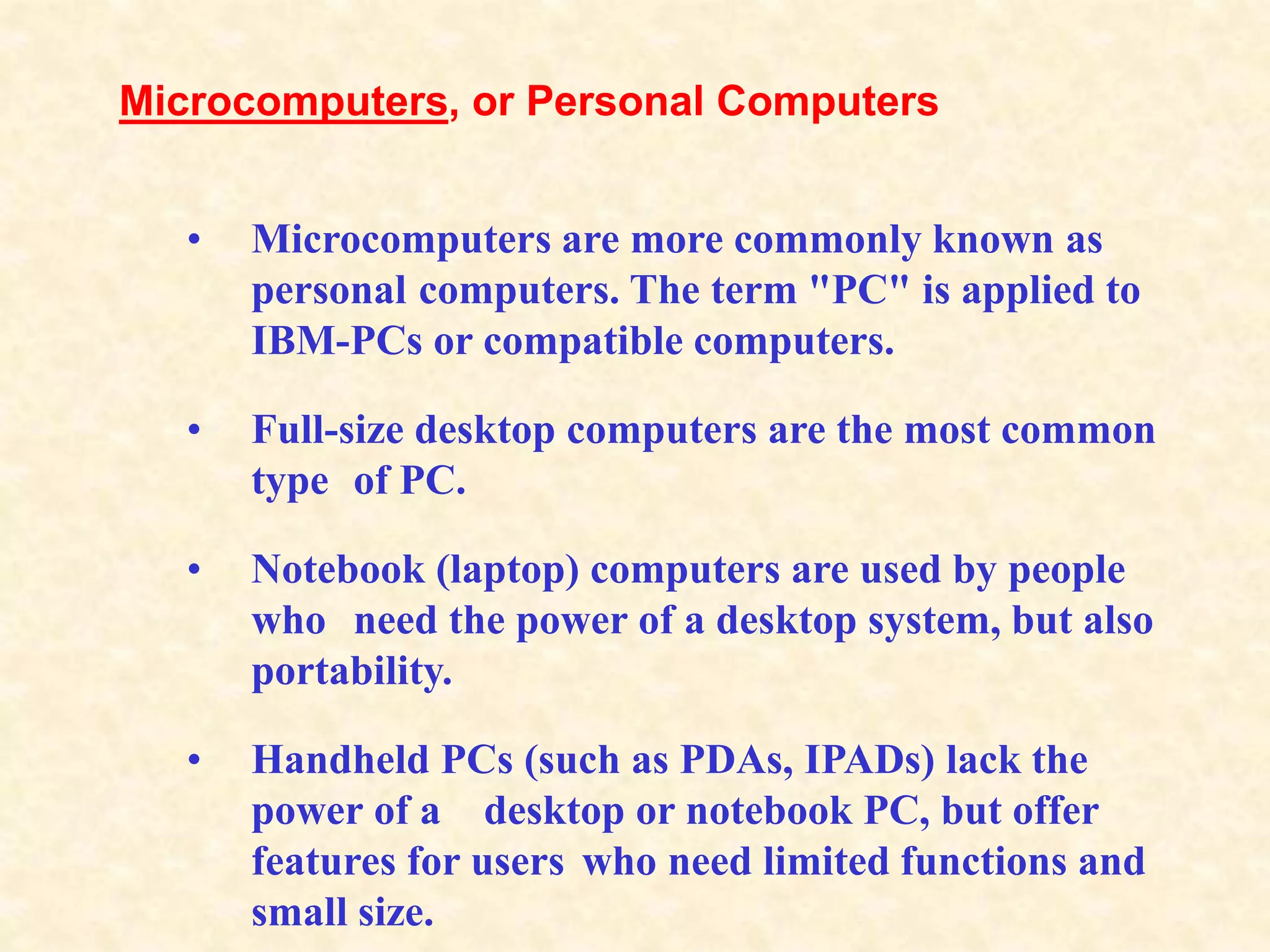 Classification Of Computers Minicomputers Microcomputers Ppt