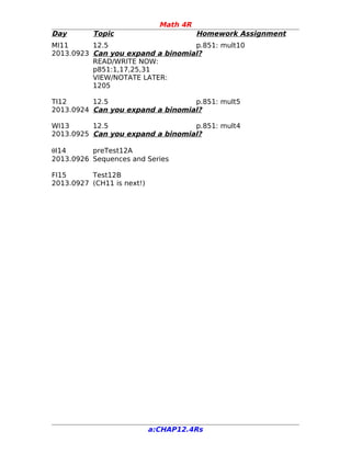 2013-4R preCalculus Chapter 12 Syllabus | PDF | Homework and Study | Education